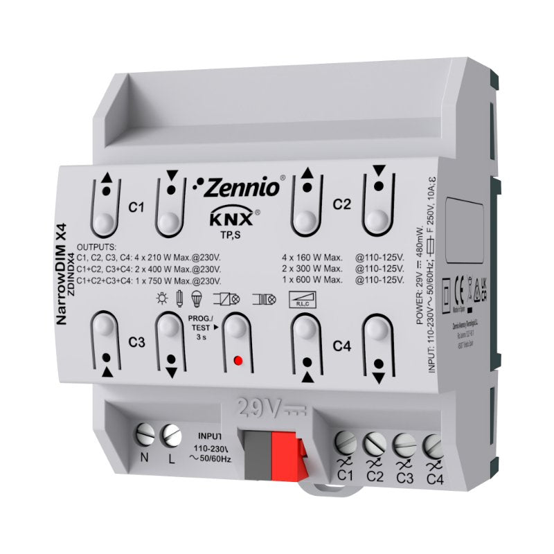 Zennio ZDINDX4 Universal dimming module NarrowDIM X4 (RLC, LED, CFL) — KNXSolution